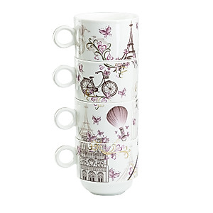 Grace Teaware Stackable Coffee Tea Mug 10-Ounce Set of 4 with White Metal Stand (Paris Eiffel Tower Pink Gold)