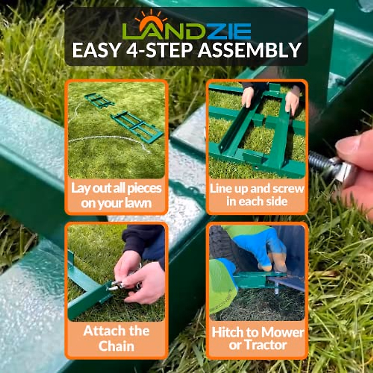 LANDZIE Drag Harrow Driveway Grader Landscape Power Rake for ATV, UTV, Tractor, Mower - 4 Ft Reinforced Steel (Two 2 ft Sections) - Tow Behind Yard Lawn Leveling Tool with 4 Ft Heavy Duty Chain