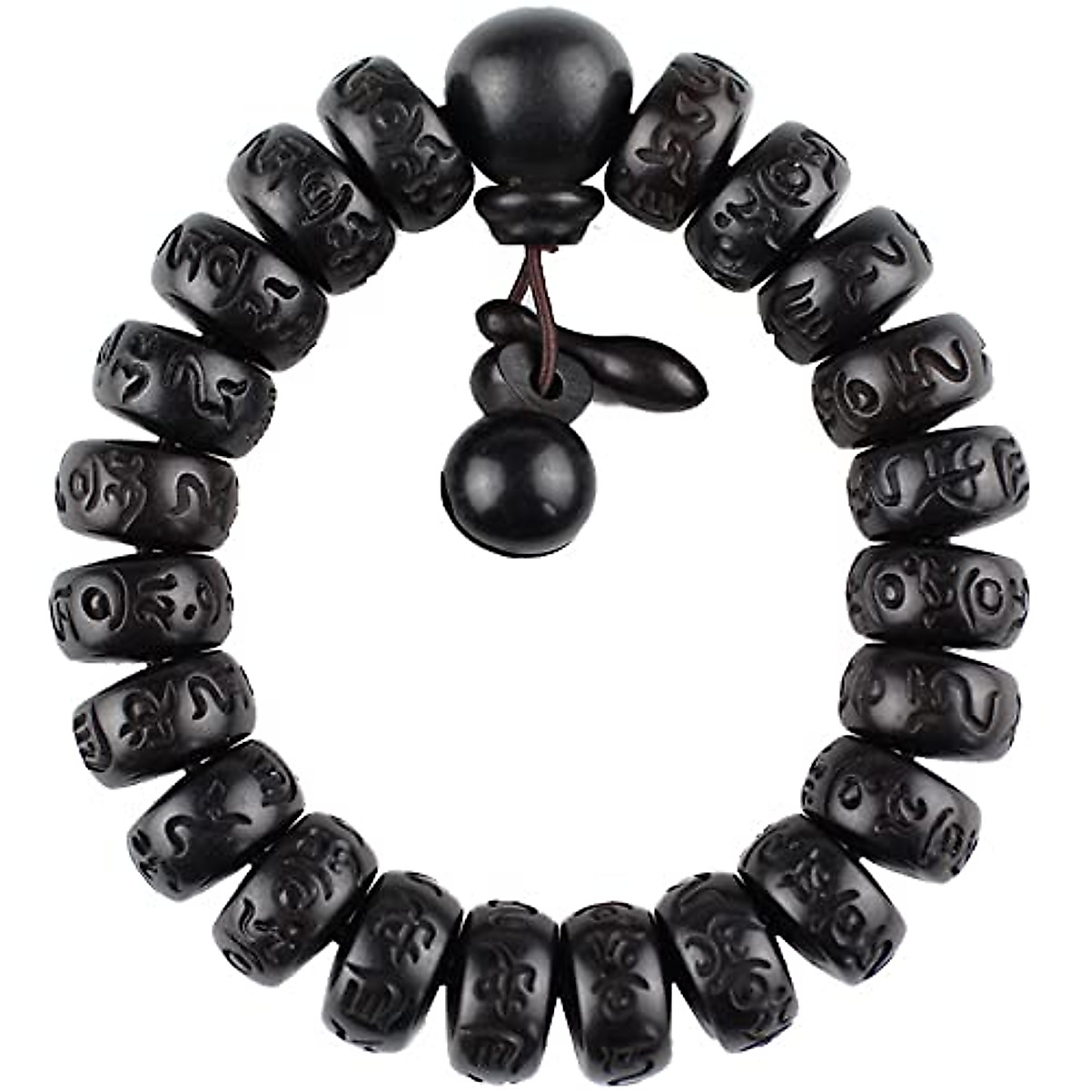 Tibetan Buddhism Natural Beads OM Mani Padme Buzz Engraved Six-Character Mantra Beaded Men's and Women's Buddhist Beads Wenwan Rosary Bracelet (round), Black