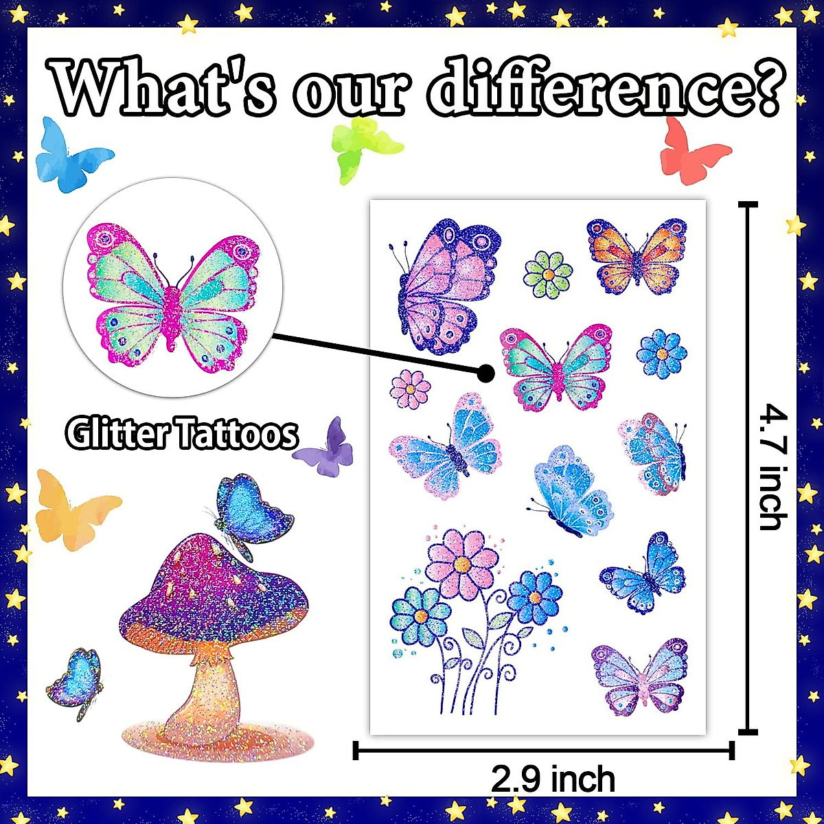 Leesgel 24 Sheets Butterfly Glitter Temporary Tattoos for Party, Butterfly Birthday Decorations Supplies for Girls, Kids Fake Tattoos Birthday Surprise Butterfly Party Decorations Favors
