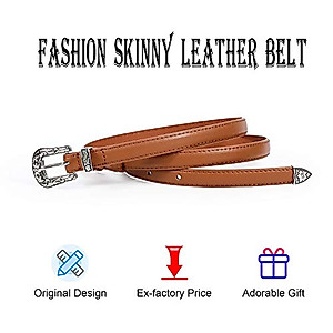 LEACOOLKEY Women Skinny Leather Belt for Dress Western Buckle Adjustable Thin Waist Belt for Jeans