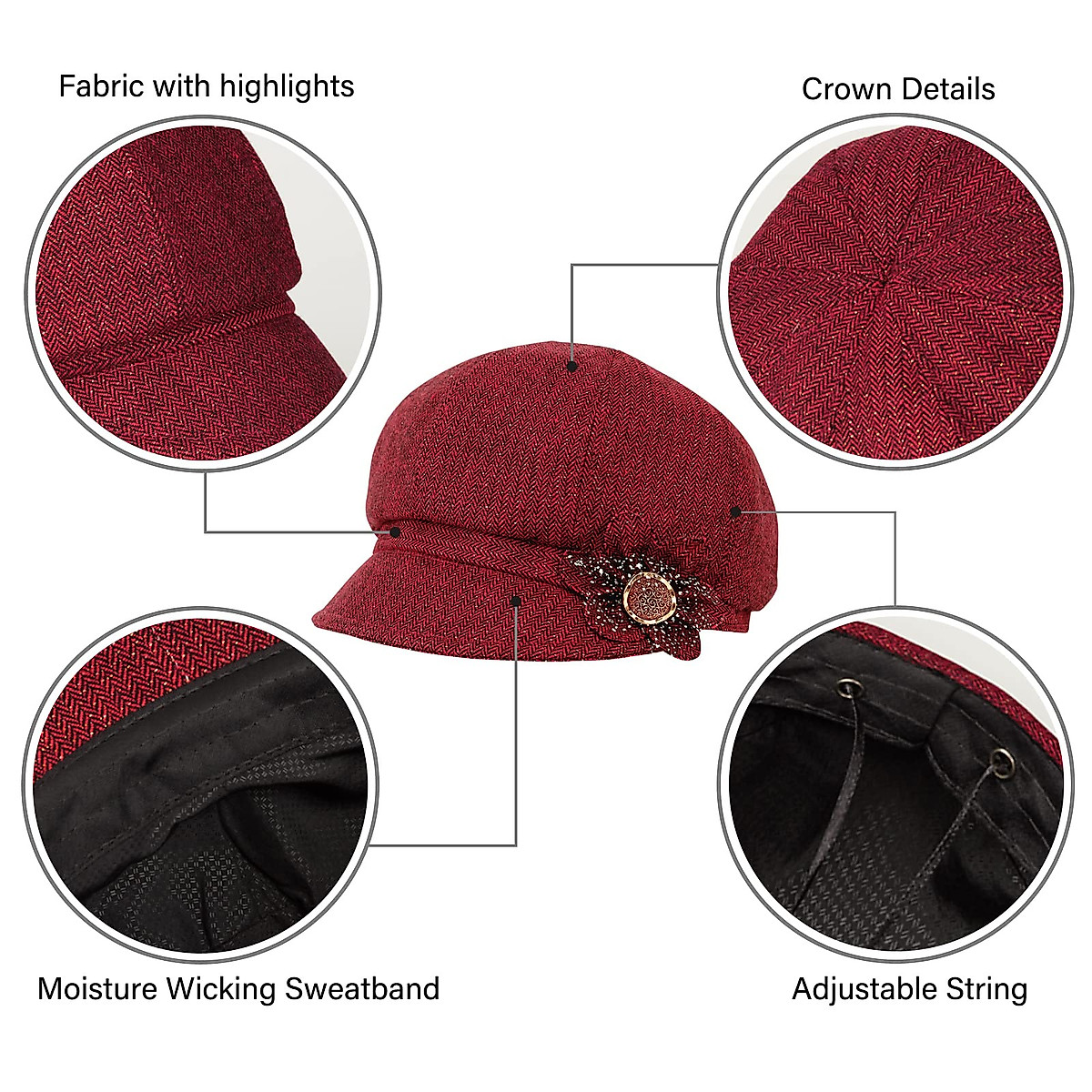 ColorSun Winter Classic Retro Visor Newsboy Cabbie Cap Beret Hats with Flower Buckle for Woman Ladies Red Wine