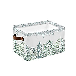 ARTtikke Storage Bins Clothes Organizer Sage Green Blue Leaves Spring Storage Cubes Bin with Handles,Foldable Storage Boxes for Closet,Storage Basket for Organizing Shelves 15x11x9.5 inch