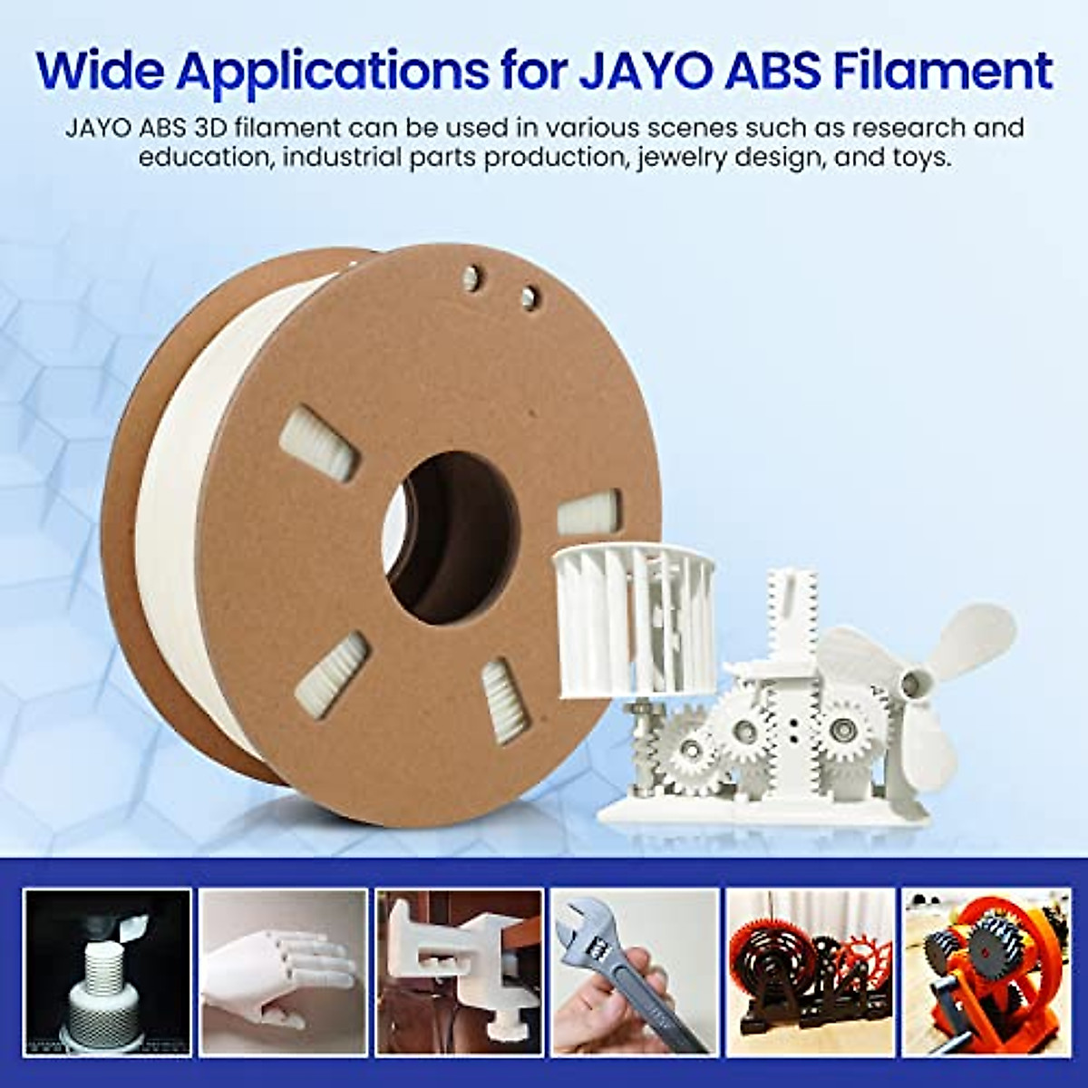 JAYO ABS 3D Printer Filament, Impact and Heat Resistant ABS Filament 1.75mm Dimensional Accuracy +/- 0.02mm, 0.65KG Cardboard Spool 3D Printing Material Fits FDM Printers, ABS White 650G