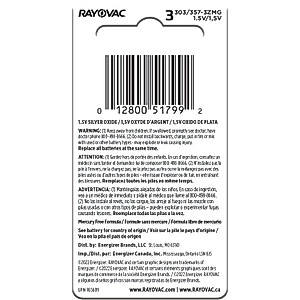 Rayovac LR44 Battery, Silver Oxide 303, 357, AG13, or SR44 1.5 Volt Batteries (3 Battery Count)