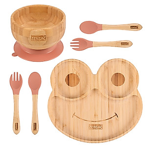 6PCS Bamboo Baby Feeding Set, Baby Suction Bowl & Plate with Silicone Spoons & Forks, Wooden Feeding Supplies for Infant & Toddlers, Baby Led Weaning Supplies Non Slip & BPA Free (Orange-Frog)