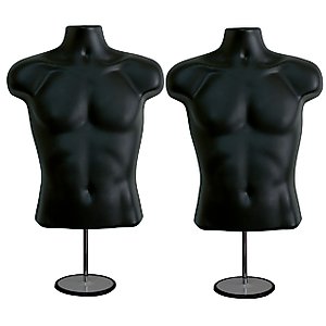 DisplayTown 2 Pack Black Male Mannequin Torso with Metal Stand Hollow Back Body Stackable Dress Form for Tshirt Display, Countertop, Craft Shows, Photos and Design, S-M Clothing Size