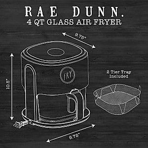 Rae Dunn 1200W 4Qt Air Fryer with GLASS Frying Basket, Dishwasher Safe, 2 Tier Tray, 60 Minute Timer, Digital Touch Display, and 6 Presets - Variable Temperature Control 175F - 400F, Black