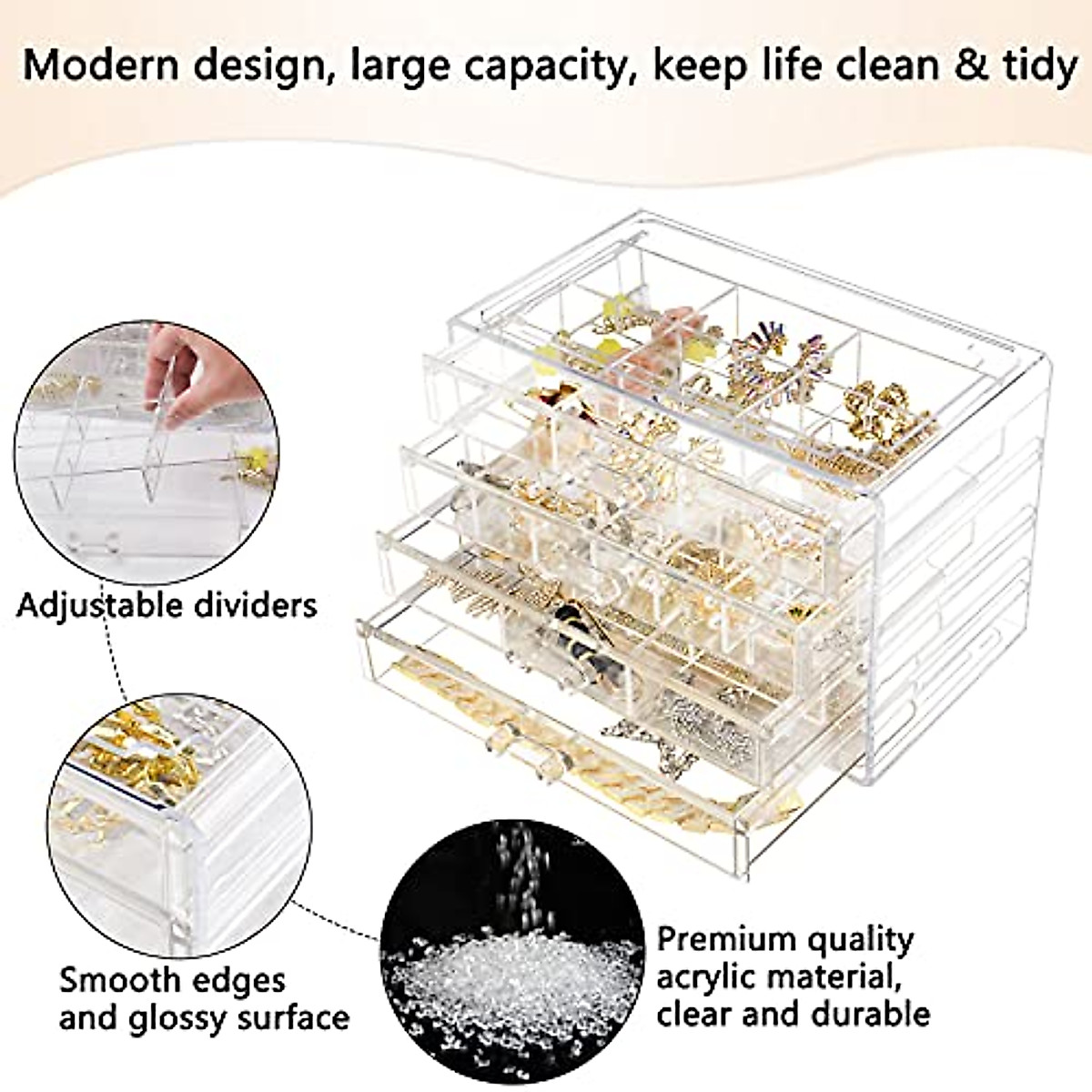 Weiai Acrylic Jewelry Box 4 Drawers, 72 Grids Clear Jewelry Organizer with Adjustable Dividers, Large Capacity Earring Ring Gift Boxes