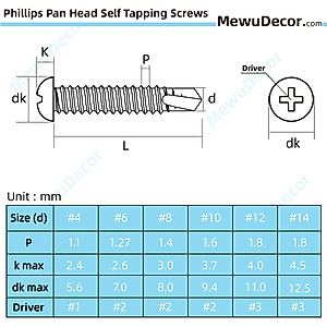 #14 x 1" Pan Head Self Tapping Screws Sheet Metal Screws, Stainless Steel 410, 50 PCS