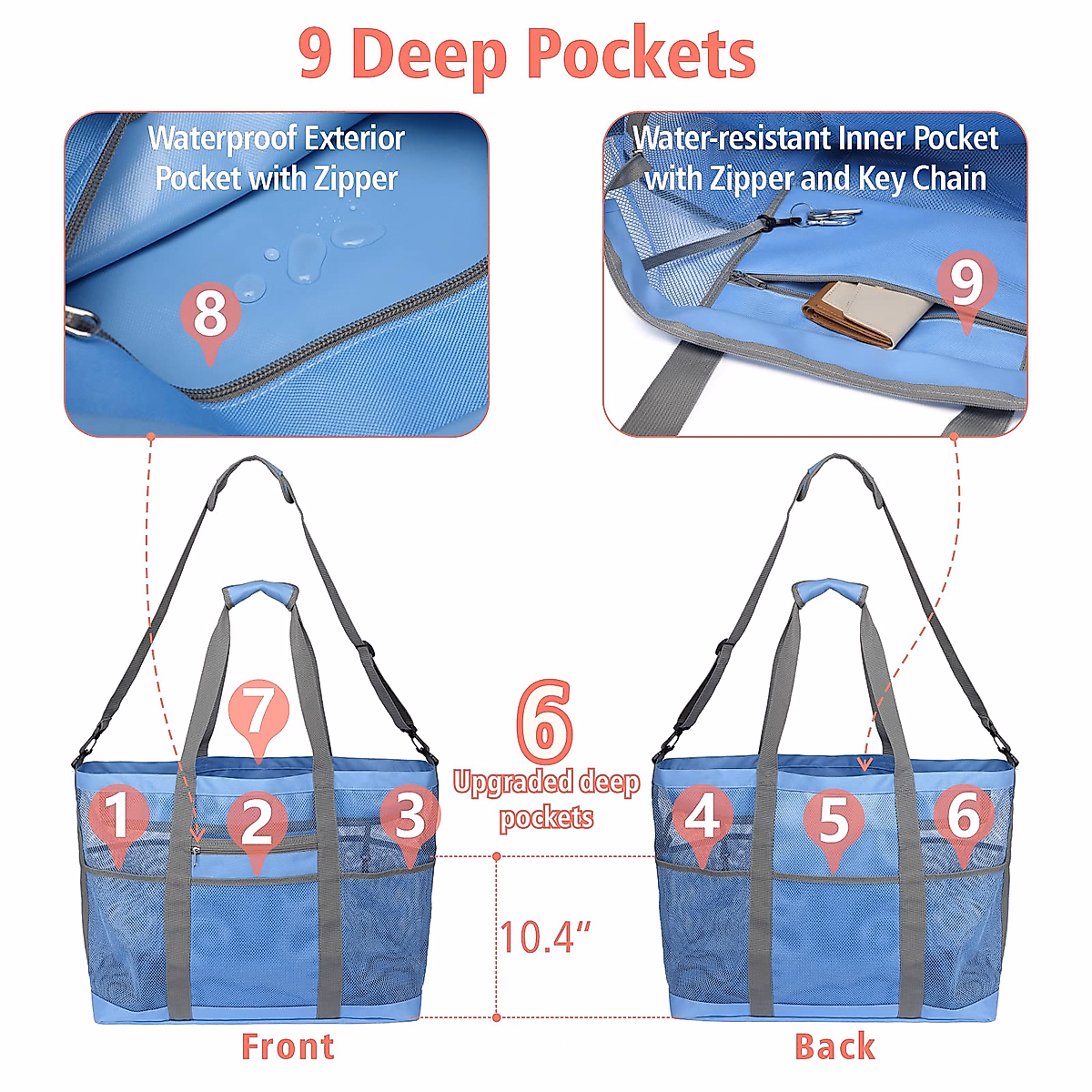 F-color Mesh Beach Bag, 9 Pockets Oversized Beach Tote Bag with Zipper Pool Beach Bag, Blue