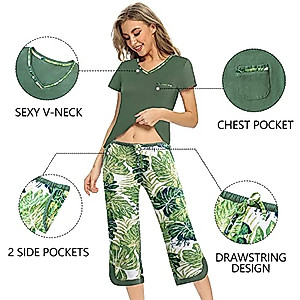IZZY + TOBY Womens Capri Pajama Set Summer Pajamas for Women Short Sleeve Top with Capri Pants Sleepwear Cotton Pjs Sets Ladies Pajamas Sets Print Capri Pajama Sets Lounge Set Dark Green Leaf M