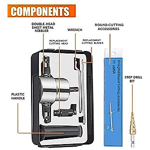 Illuminate Sheet Metal Nibbler, Double Headed Metal Cutter with Punch and Die, Extra Cutting Hole Tools and Step Drill Bit Included, Perfect for Car Repair and Household Repair Jobs