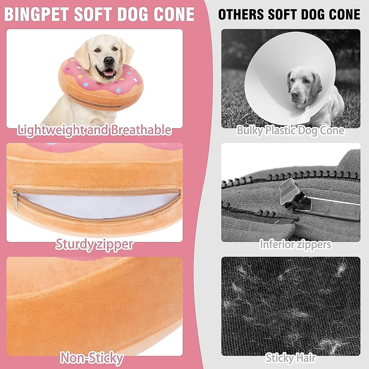 BINGPET Protective Dog Cone Collar,Soft Recovery Pet Cone for Dogs Cats,Washable Protective Recovery Collar for Large Medium Small Dogs,Inflatable Dog Cone,Adjustable Pet Recovery Cone After Surgery