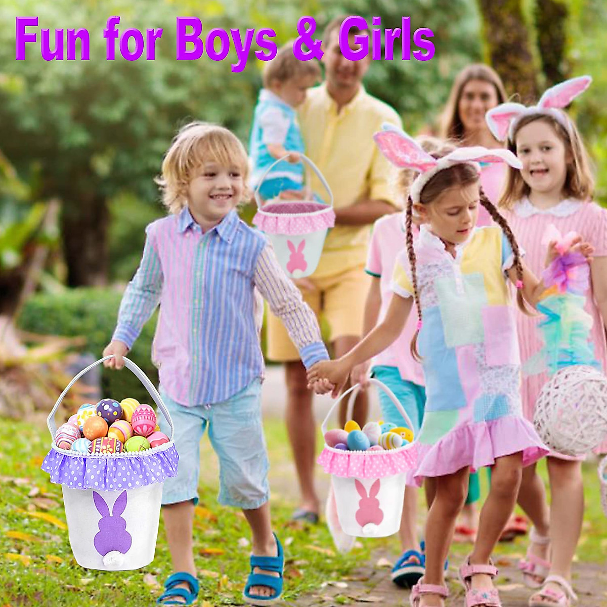 2 Pack Easter Eggs Hunt Basket for Kids Easter Bunny Canvas Baskets Ruffle Easter Basket Rabbit Fluffy Tails Bucket Tote Eggs Candy and Gifts Carry Bucket, Easter Party Supplies (Purple & Pink)