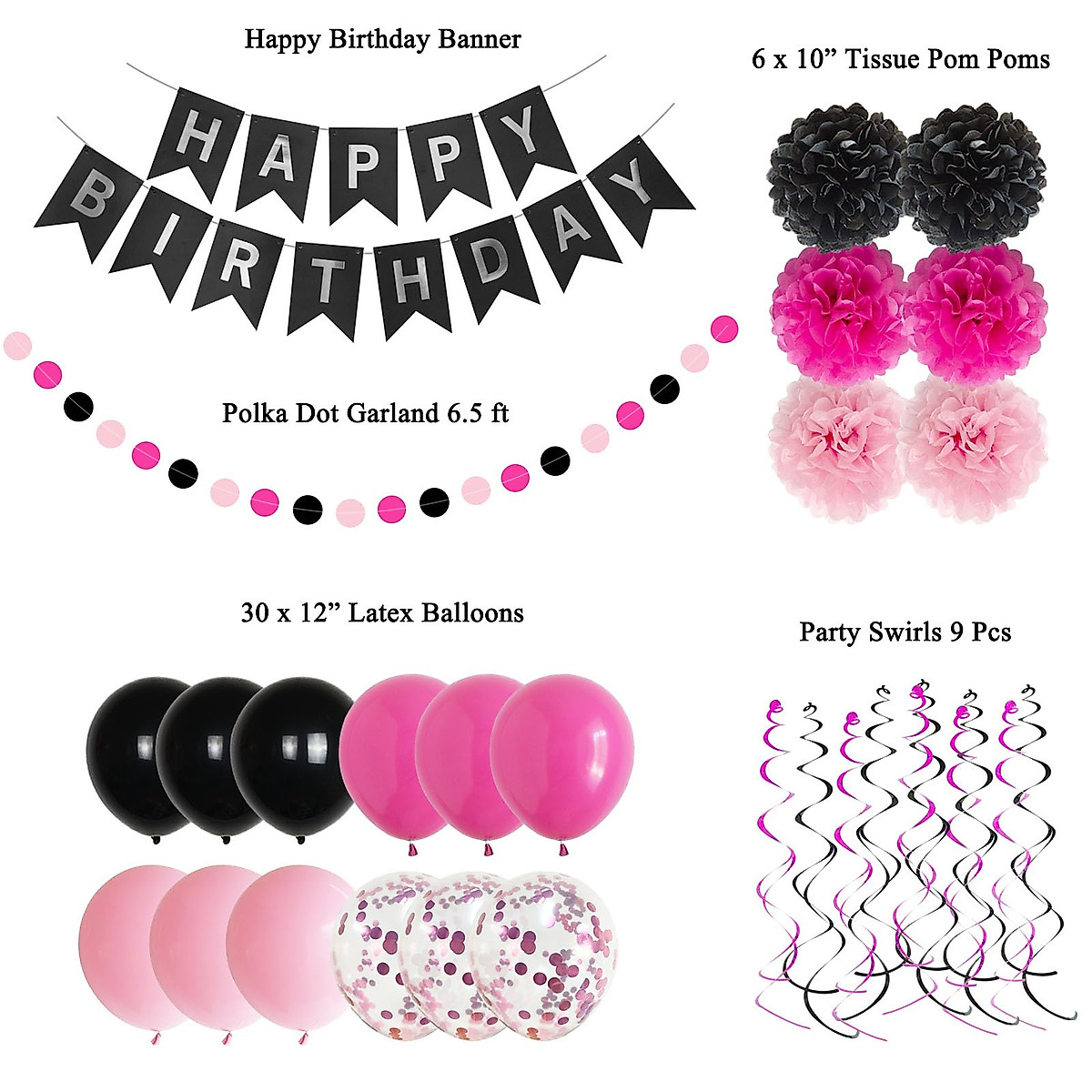 ANSOMO Pink and Black Happy Birthday Party Decorations for Girls Women Banner Hot Pink Balloons Pom Poms Swirls Décor Supplies 13th 16th 18th 20th 30th 40th 50th 60th 70th 80th