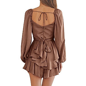 Womens Rompers Off Shoulder Ruffle Hem Short Dress Baggy Bubble Long Sleeve Sexy Flowy Backless Jumpsuit