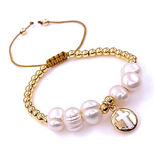 LESLIE BOULES 18K Gold Plated Round Cross Pendant Baroque Bracelet for Women Catholic Jewelry