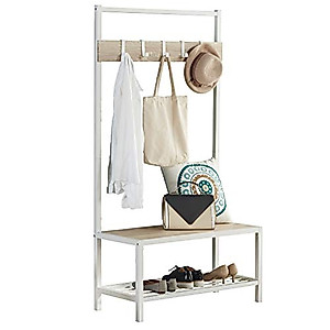 HOMISSUE Modern Style 2 Shelf Hall Tree with Storage Bench, Light Oak Bench and Lower Shelf with White Steel Frame, Entryway Shoe Rack with 5 Hooks for Garments