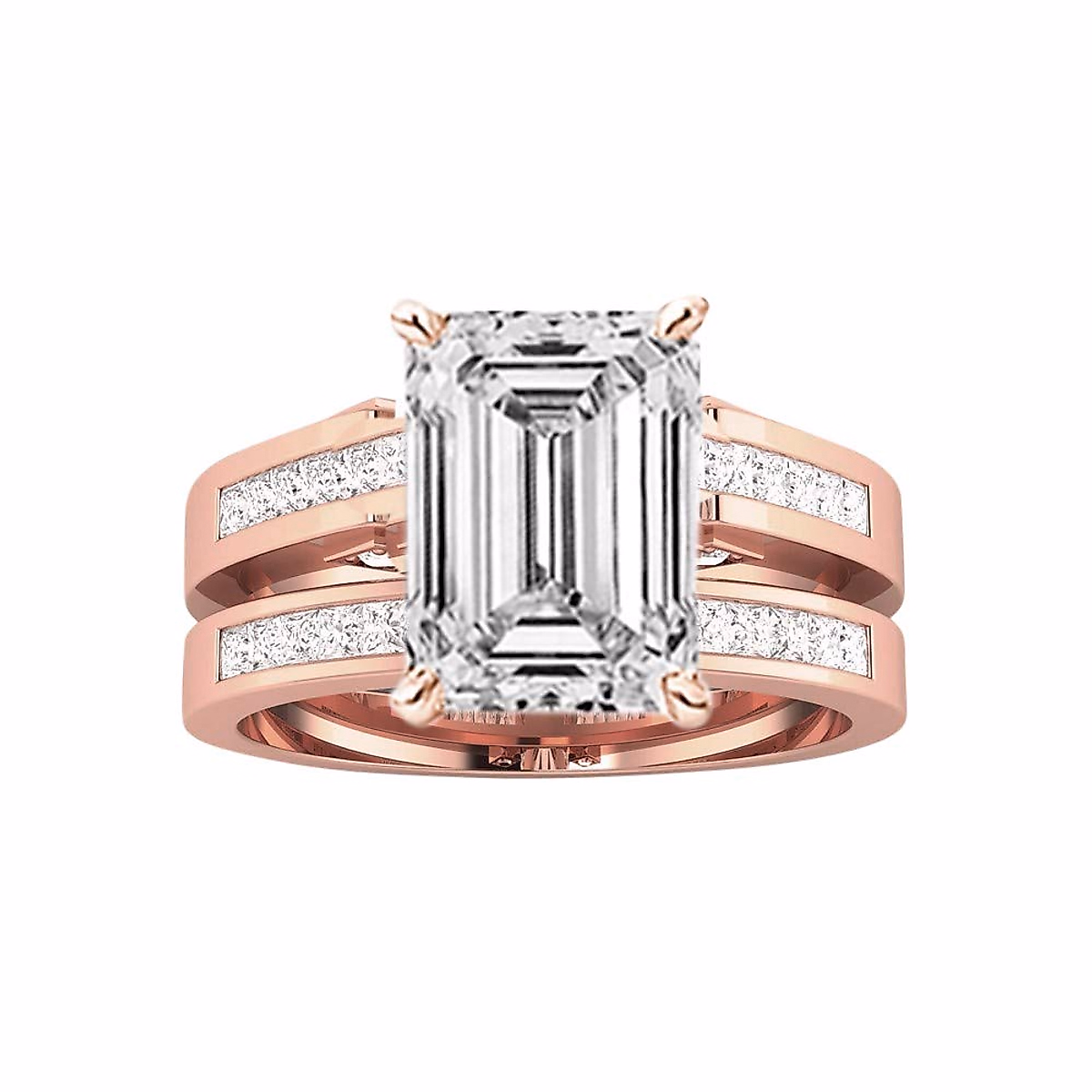 Houston Diamond District 1.75 Ctw 14K Rose Gold Channel Set Princess Bridal Set Wedding Band and Matching GIA Certified Emerald Cut Engagement Ring (1 Ct Center D-E Color VS1-VS2 Clarity)