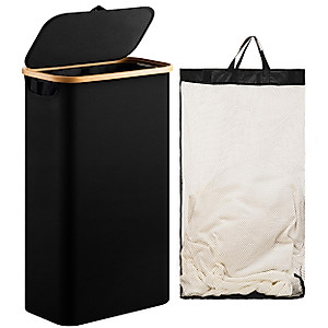 joybest 63L Slim Laundry Hamper with Lid, Black Narrow Laundry Basket with Removable Inner Bag & Bamboo Handles, Skinny Dirty Clothes Hamper for Bathroom, Bedroom & Laundry Room