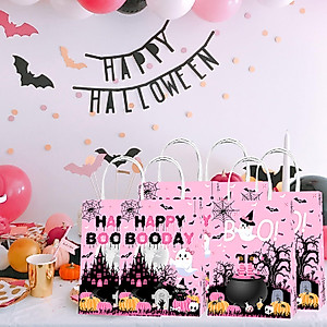 Lecheme Pink Halloween Paper Bags 24 PCS Happy Booday Halloween Candy Bags Halloween Treat Bags for Candy Trick Or Treat Birthday Gift Bags Halloween Party Favors