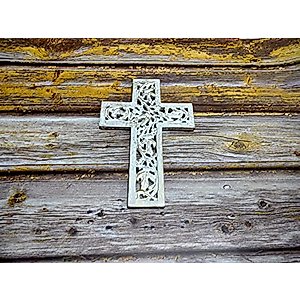 EARTHLY HOME Handmade White MDF Wooden Crucifix Wall Cross, Antique Holy Catholic Crosses, Jesus Christ Floral Carving Plaque, Hanging Catholic Crucifix Home Chapel Décor, Living Room 12x8 Inch