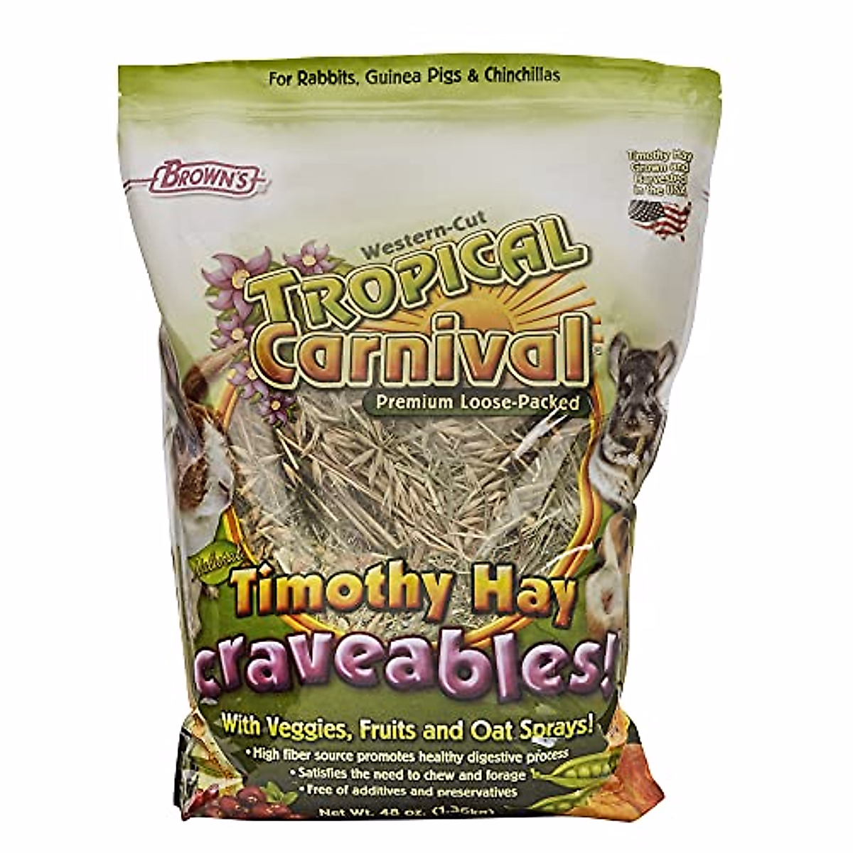 F.M. Brown's Tropical Carnival Natural Timothy Hay Craveables with Veggies, Fruits, and Oat Sprays, Foraging Treat with High Fiber for Healthy Digestion - 48 oz