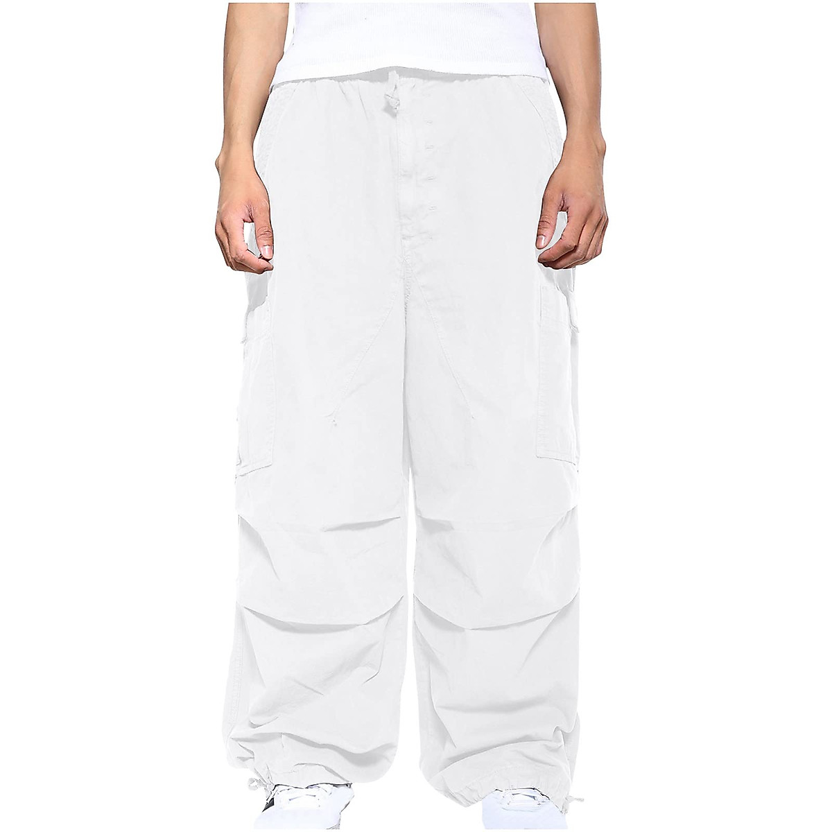 Sales Today Clearance Prime Only Men's Pants Elastic Waistband Black Cargo Pants Men Casual Cotton Lace-Up Elasticated Loose Trousers Quick Dry Solid Lounge Cargo Pants Pockets White 2X