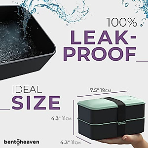Bentoheaven Premium Bento Box Adult Lunch Box with 2 Compartments (40oz), Cutlery & Set of Chopsticks, Large Dip Container, Cute Black Japanese Bento Box, Rectangle, Microwavable (Billie Green)