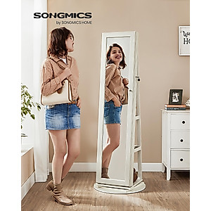 SONGMICS 360° Swivel Jewelry Cabinet, Lockable Jewelry Organizer with Full-Length Mirror, Rear Storage Shelves, Interior Mirror, Jewelry Armoire, Gift Idea, White with Gray Wood Grain UJJC006W01