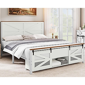YITAHOME Queen Size Farmhouse Bed Frame with Sliding Barn Door Storage Cabinets, Platform Bed Frame with 47.2" Headboard, Solid Metal Slats Support, Noiseless, No Box Spring Needed, White