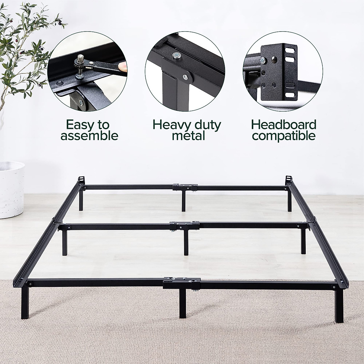 ZINUS Compack Metal Bed Frame / 7 Inch Support for Box Spring and Mattress Set, Black, Queen