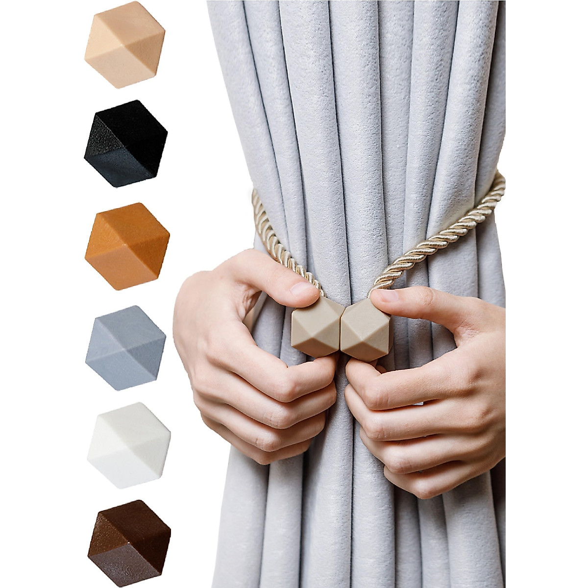 NazTur Magnetic Curtain Tiebacks- Upgrade 2022 with a Thicker Twist Rope and Strong Magnet Tieback Window Treatment Holdbacks Draperies Holders Decorative Drape Handmade Curtain Tie Back (Beige, 2)