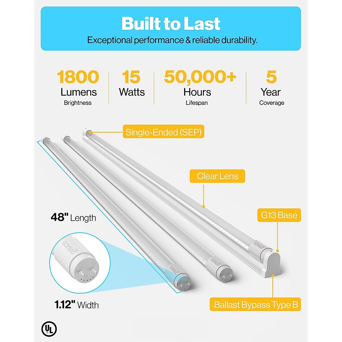 Sunco 30 Pack T8 LED 4FT Tube Light Bulbs Ballast Bypass Fluorescent Replacement, 5000K Daylight, 15W, Clear Cover, Retrofit, Single Ended Power (SEP), Commercial Grade UL