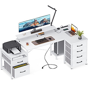 KKL L Shaped Computer Desk with File Drawers & 3 Power Outlets & 2 USB Ports, 72 Inch Home Office Desk with Printer Cabinet & Monitor Shelf & Host Storage Shelves, White Writing Desk