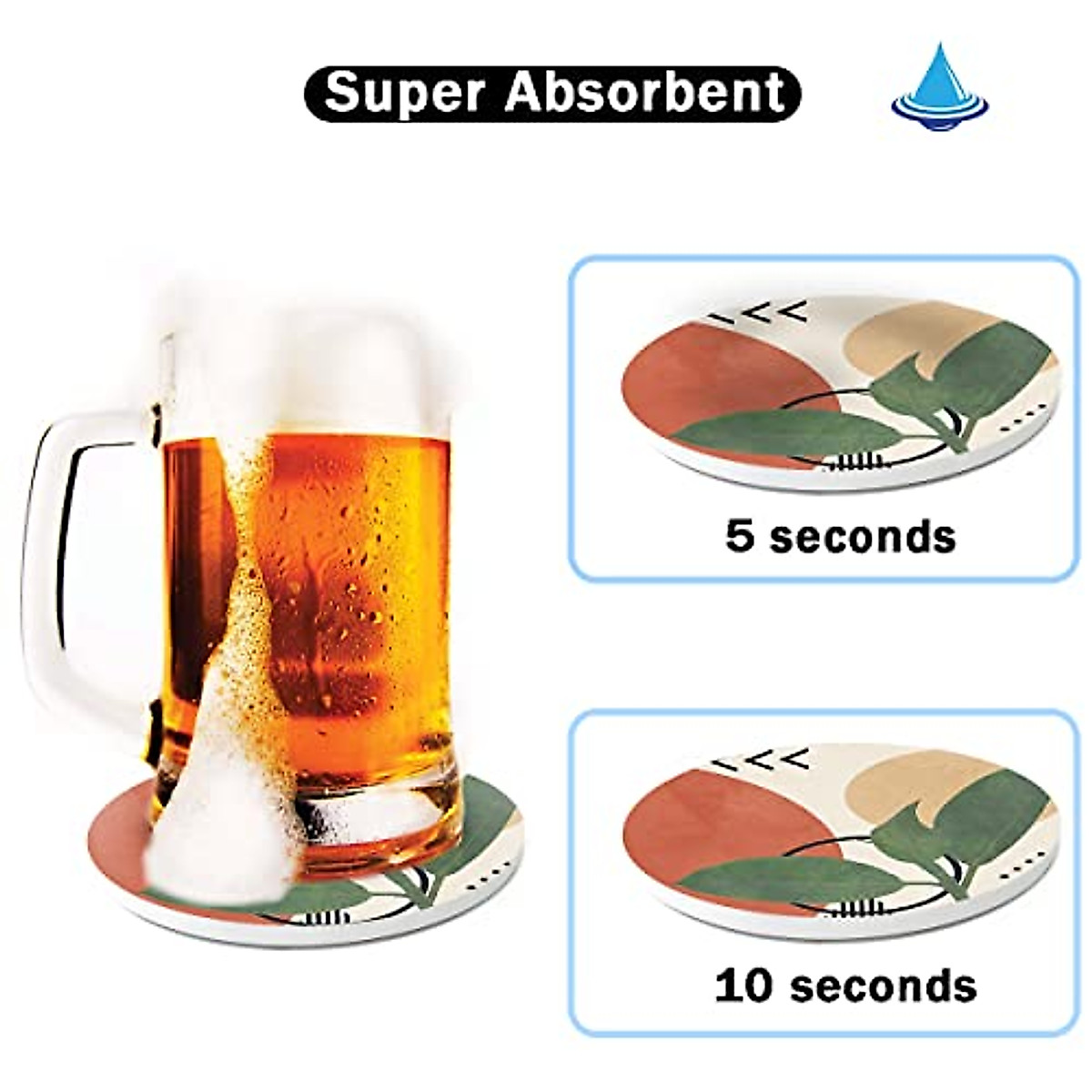 HOPONY Coasters for Drinks,6 Pieces Ceramic Stone Coaster Set with Metal Holder Stand, Cork Base,Absorbent Cups Place Mats for Home Decor,Abstract Leaf