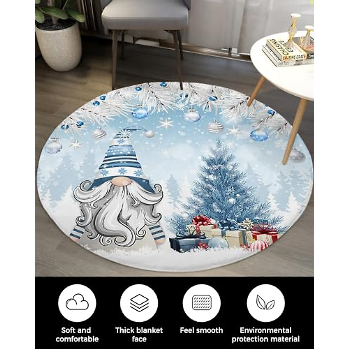 Christmas Fluffy Round Area Rug Carpets 5ft, Plush Shaggy Carpet Soft Circular Rugs, Non-Slip Fuzzy Accent Floor Mat for Living Room Bedroom Nursery Home Decor Winter Gnomes Xmas Silver Tree Pine Blue