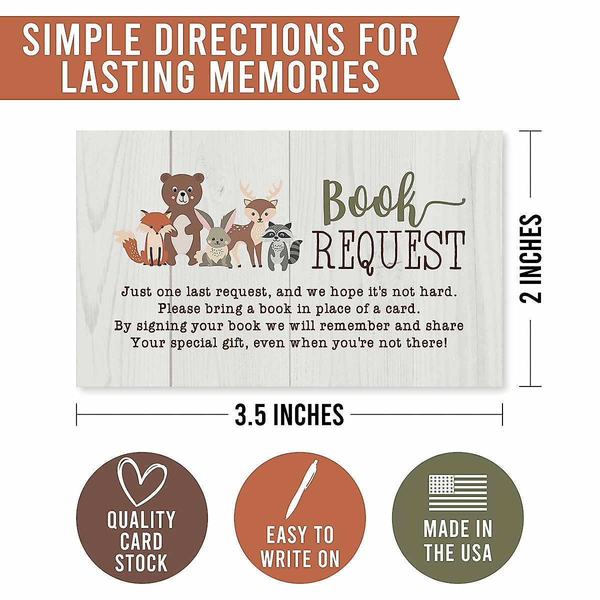 Hadley Designs 25 Cute Rustic Woodland Forest Invitations, 25 Books for Request Cards, Sprinkle Invite for Toddlers, Bring A Book Instead Of A Car, Invitation Inserts for Baby Shower