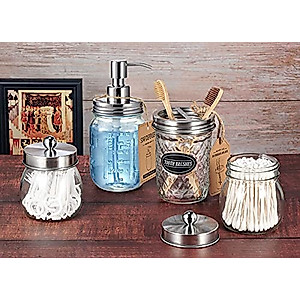 4 Pcs & 4 Pcs Brushed Nickel Mason Jar Bathroom Accessories Set- Lotion Soap Dispenser*2, Regular mouth Qtip Holder Set*2,Wide Mouth Cotton Swab Holder*2,Toothbrush Holder*2,Rustic Farmhouse Decor