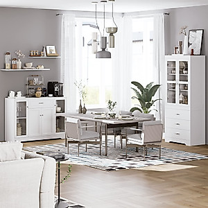 FOTOSOK White Kitchen Pantry Cabinet, 67’’ Tall Storage Cabinet with 2 Tempered Glass Doors, Modern Kitchen Cupboard, Bathroom Storage with 3 Shelves and 3 Drawers for Home Office