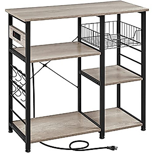 Yaheetech Baker's Rack with Power Outlet, 4-Tier Coffee Bar Station Microwave Stand with Wire Basket and 6 S-Shaped Hooks, Durable Kitchen Storage Shelf Ample Cart, Gray