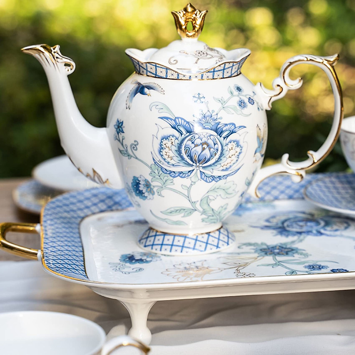 ACMLIFE Tea Serving Tray Set, 21 inches Bone China Tray Tea Tray with Handles, Blue Fine Ceramic Decorative Serving Tray Platter with Golden Rim for Tea Sets, Living Room, Gift (Light Blue)