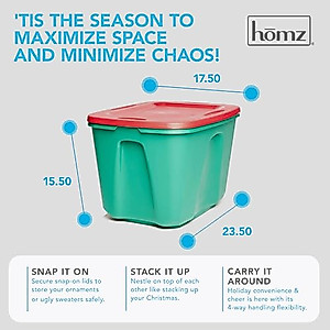 HOMZ 18 Gallon Stackable and Nestable Heavy Duty Plastic Holiday Storage Container with 4 Way Handles for Organizing, Green/Red, (4 Pack)