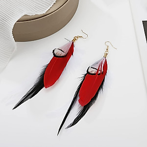 YINRIS Long Bohemian Pheasant Feathers Statement Earrings Handmade Natural Lightweight Feather Dangle Earrings for Women (ea000067) (Red&Black)