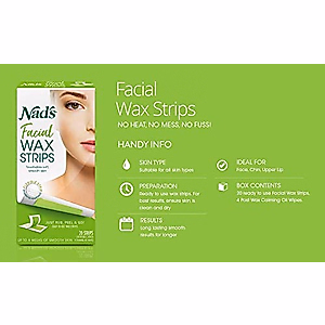 Nad's Facial Wax Strips - Hypoallergenic All Skin Types - Facial Hair Removal For Women - At Home Waxing Kit with 20 Face Wax Strips + 4 Calming Oil Wipes + Skin Protection Powder