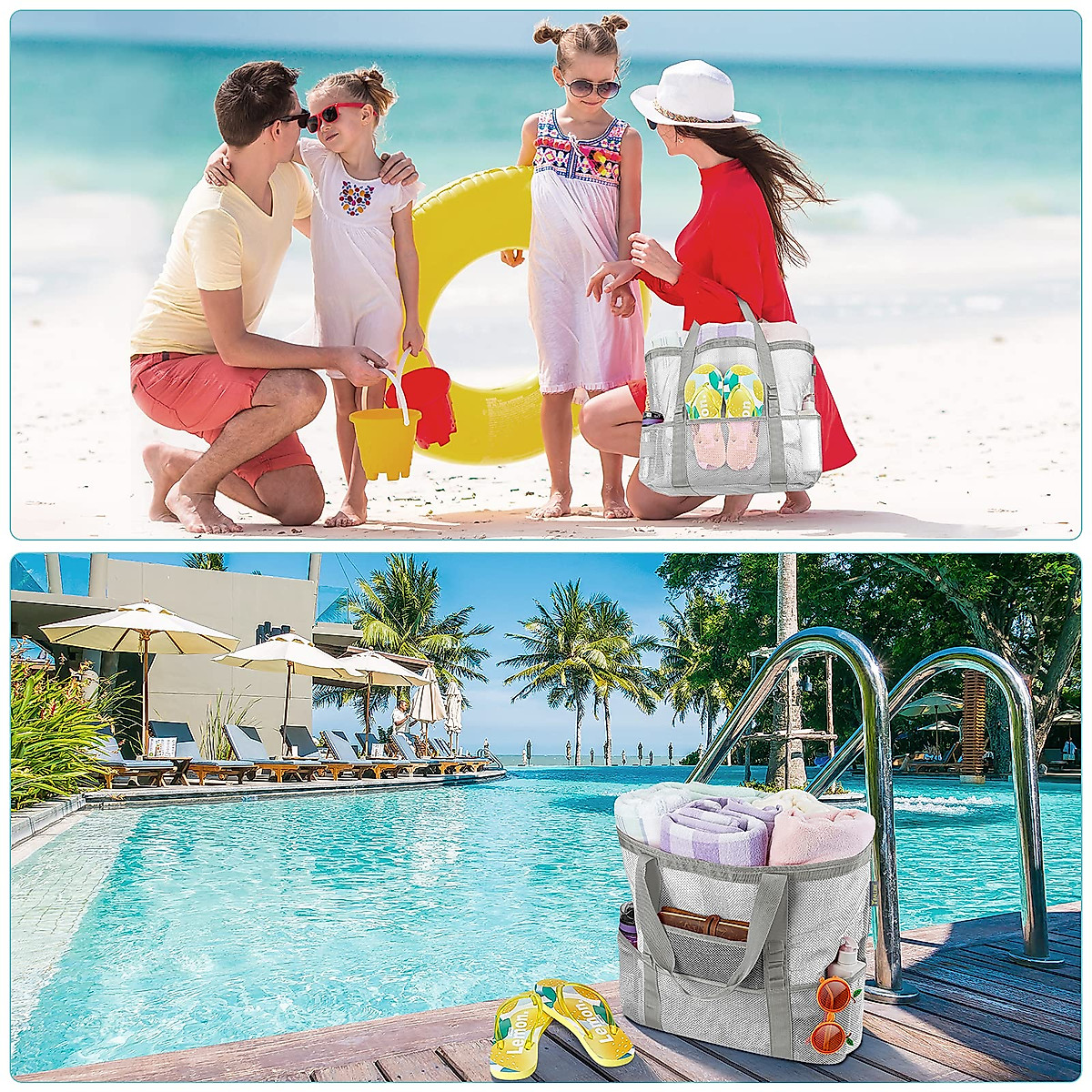 BALEINE Large Beach Bag Pool Bags, Mesh Beach Tote for Toys, Towel, flip flops, White