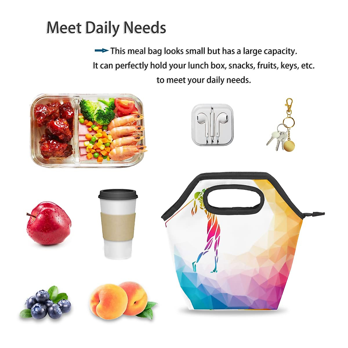 Lunch Bag Rainbow Geometric Golf Ball Insulated Reusable Lunch Box Portable Lunch Tote Bag Meal Bag Ice Pack for Boys Girls Adult Women