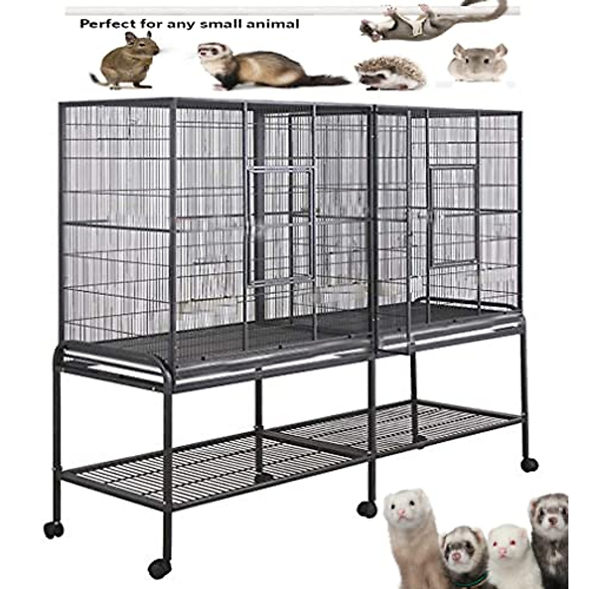 54" Large Double 3-Levels Small Animals Critters Wrought Iron Cage Center Slide Out Divider Tight 1/2-inch Bar Spacing Removable Rolling Stand Ferret Chinchilla Rat Mouse Hamster Sugar Glider