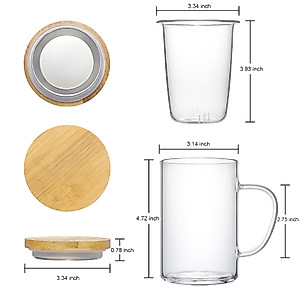 Lezero Glass Tea Infuser Cups with Removable Strainer and Bamboo Lid, Borosilicate Glass Tea Mugs for Blooming Tea & Loose Leaf Tea, Microwave & Dishwasher Safe, LEAD-FREE, 15oz/450ml
